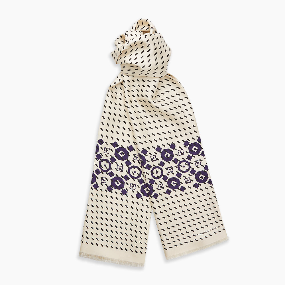 Cream Octagonal Pattern Silk Pin Fringe Scarf | Turnbull & Asser